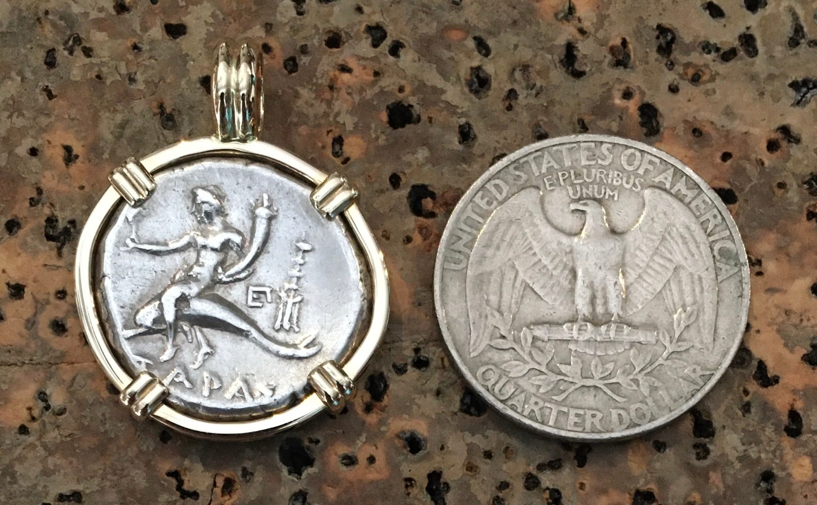 Authentic Ancient Greek Coin Boy on Dolphin Taras Didrachm set 14K Gold ...