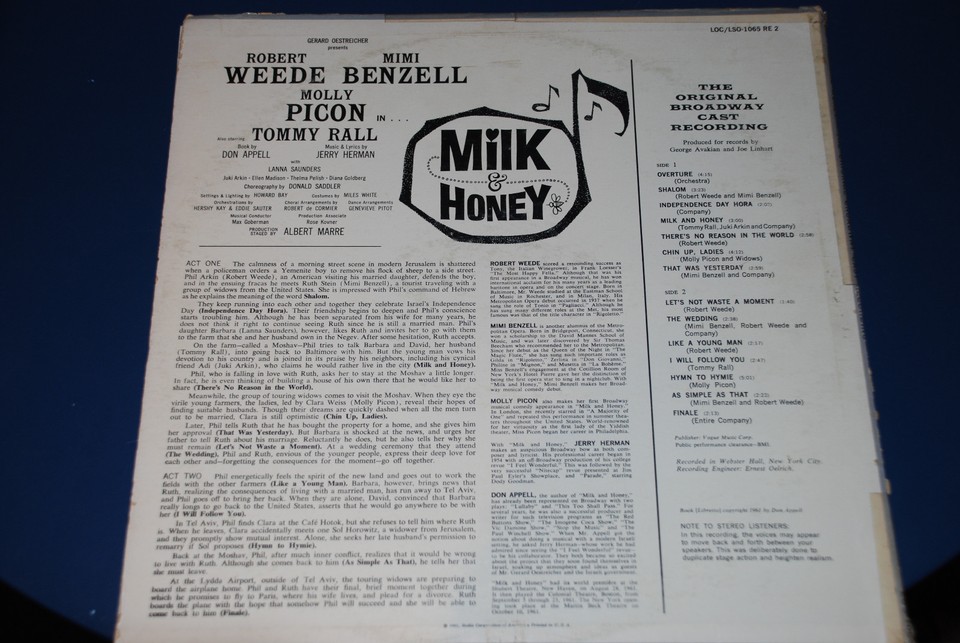 LP Broadway Cast "MILK & HONEY" Robert Weede, Mimi Benzell RCA VICTOR ...