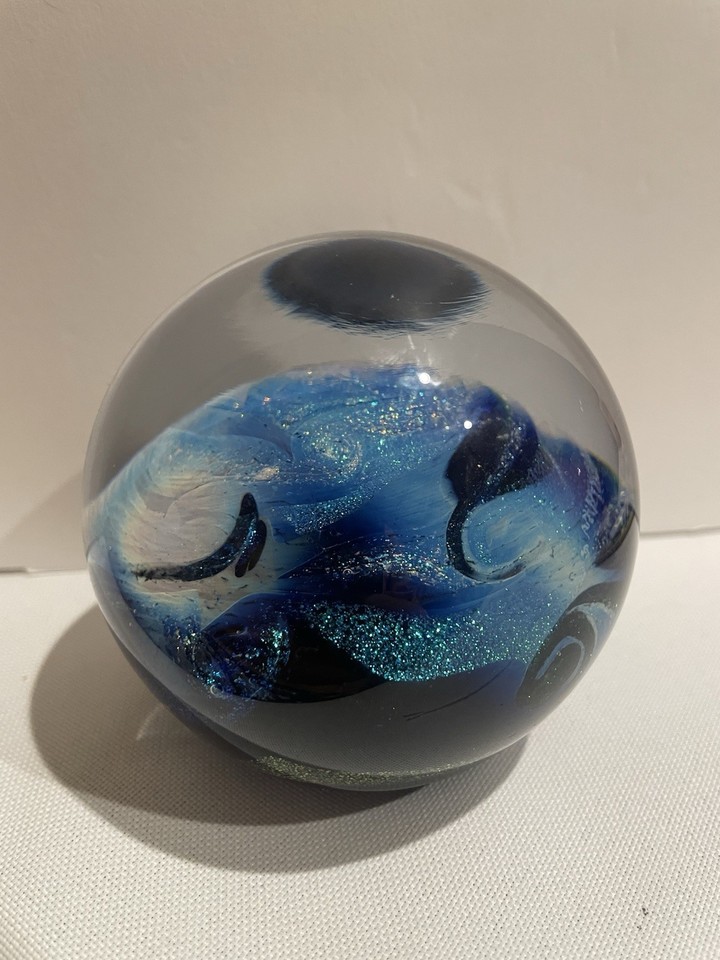 Glass Eye Studios Blue Planet Art Glass Paperweight 3” Celestial Series ...