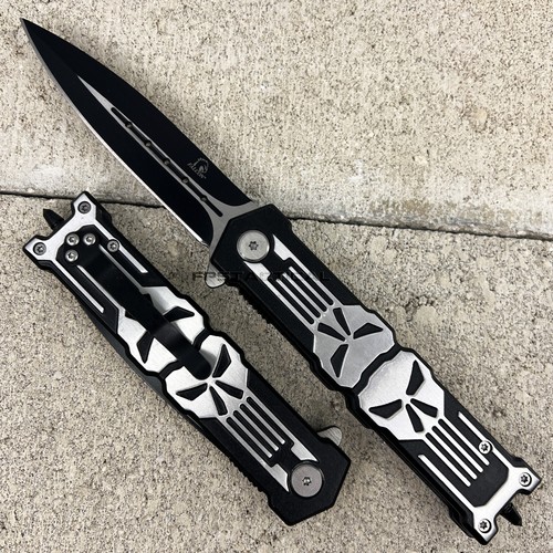 Falcon 3D Molded Punisher Skull Spring Assist Stiletto Knife Black ...