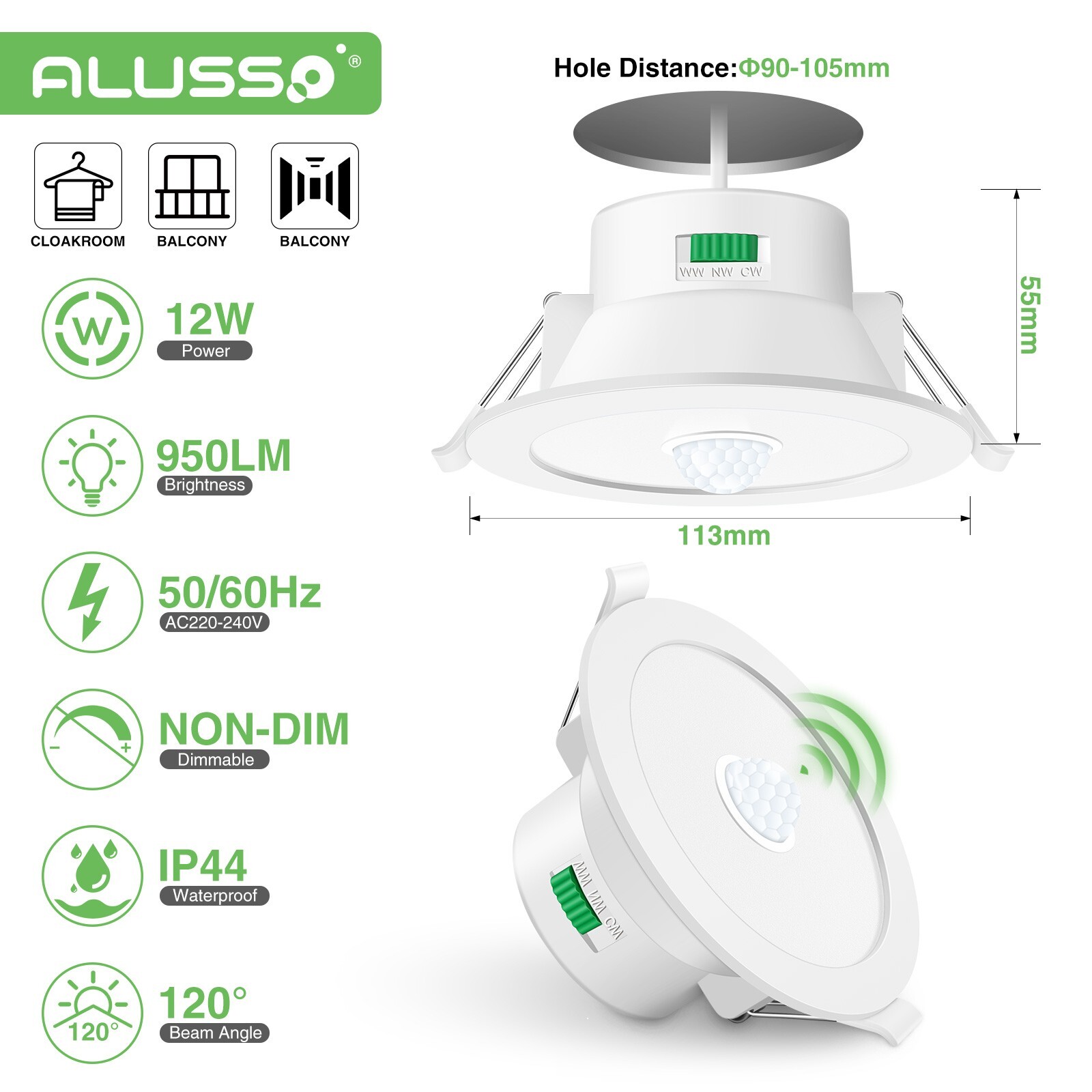 90mm Led Recessed Downlight PIR Motion Sensor Ceiling Lihgts 3CCT 12W ...