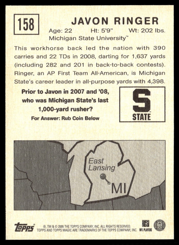 2009 Topps Magic Javon Ringer #158 Rookie RC Michigan State Spartans | eBay
