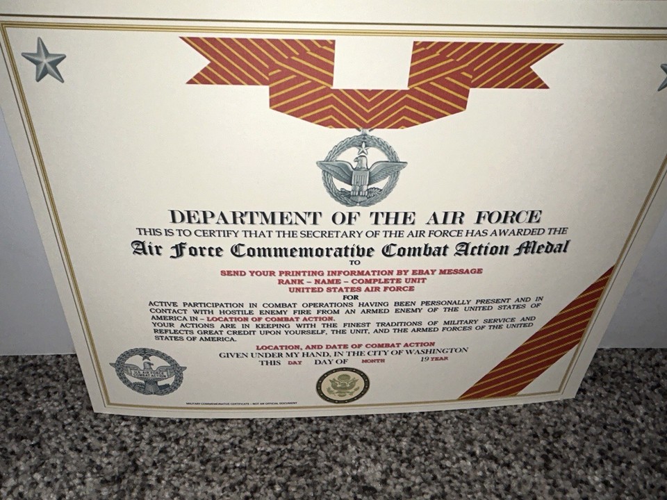 AIR FORCE COMBAT ACTION MEDAL COMMEMORATIVE CERTIFICATE ~ TYPE-2 / W ...