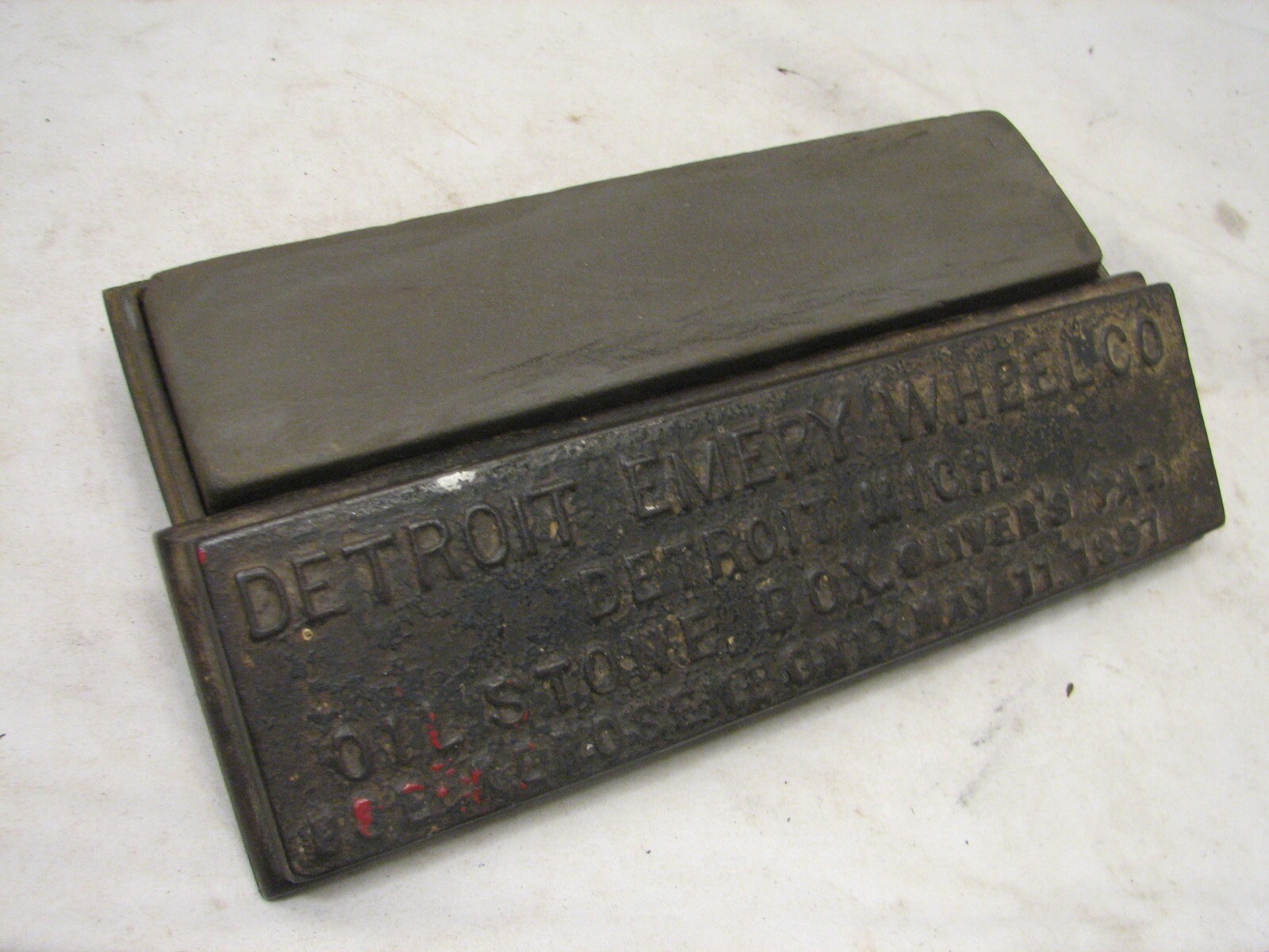 Antique Detroit Emery Wheel Co Cast Iron Whet Oil Stone Hone Box Tool ...