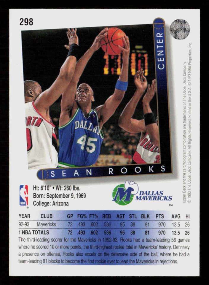 Sean Rooks 1993-94 Upper Deck #298 Dallas Mavericks Basketball Card | eBay