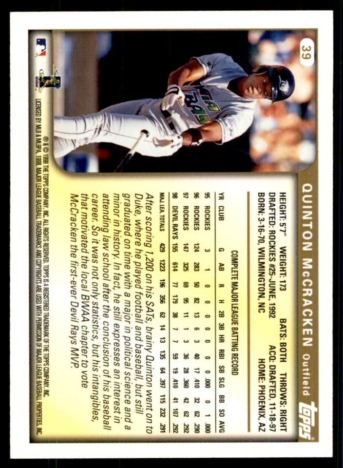 1999 Topps Baseball Card Quinton McCracken Tampa Bay Devil Rays #39 | eBay