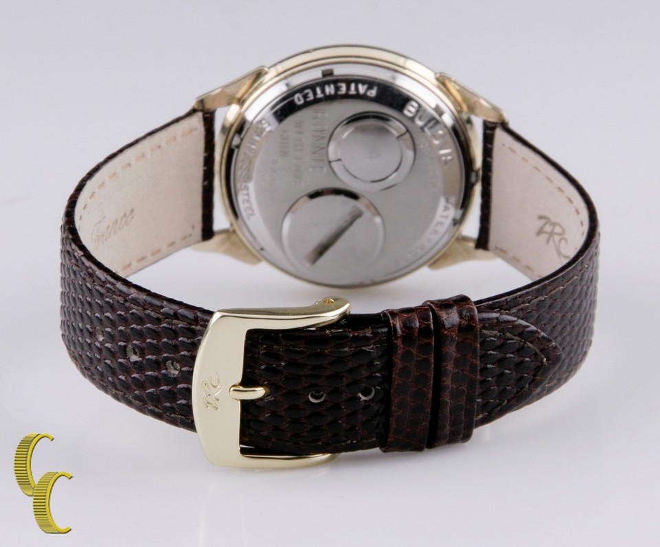 Vintage Men's Bulova Accutron Champagne Round Dial Brown Leather Band ...