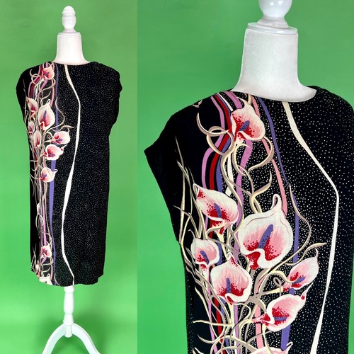Vintage Black Calla Lily Dress - Black Tropical Floral Summer Dress ...