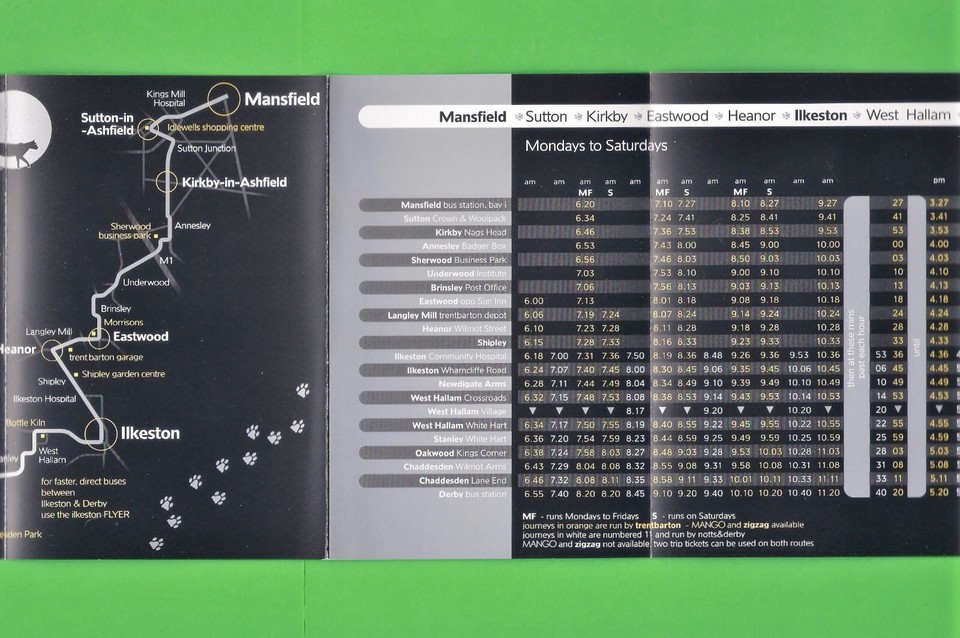 Trent Barton Bus Timetable - Black Cat - Derby to Heanor & Mansfield ...