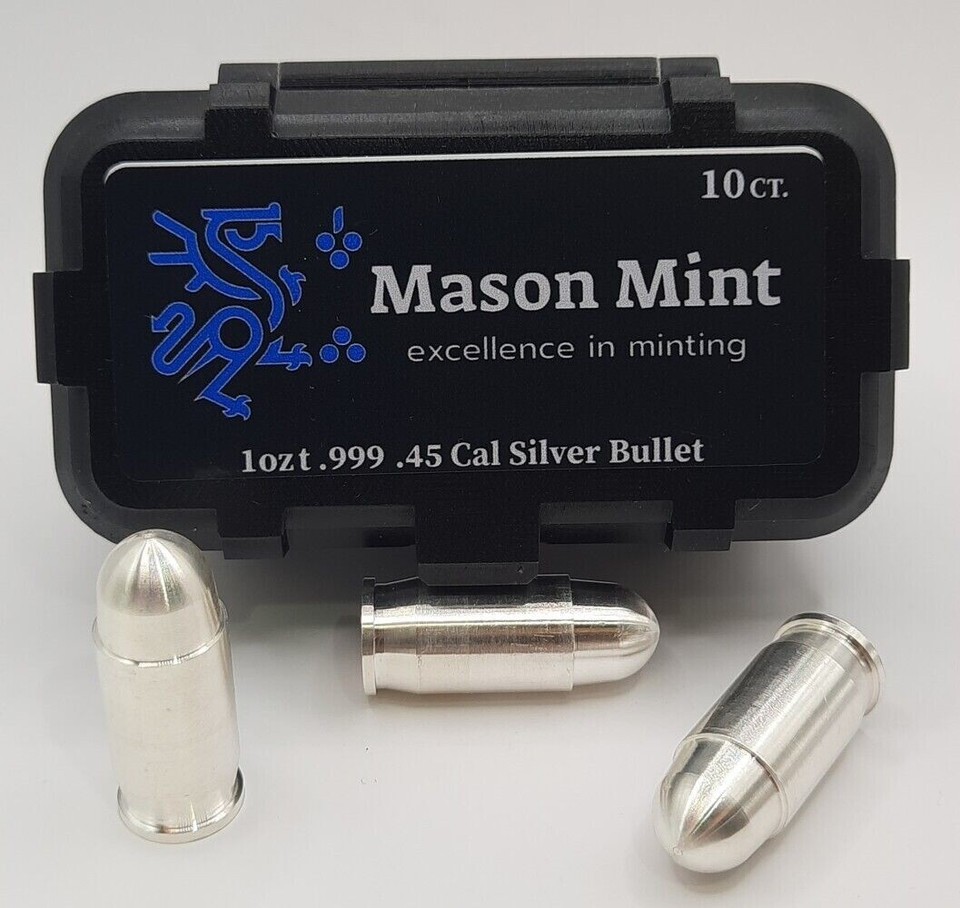 Box of 10- Mason Mint 1 oz .999 Fine Silver Bullet .45 Caliber ACP | eBay