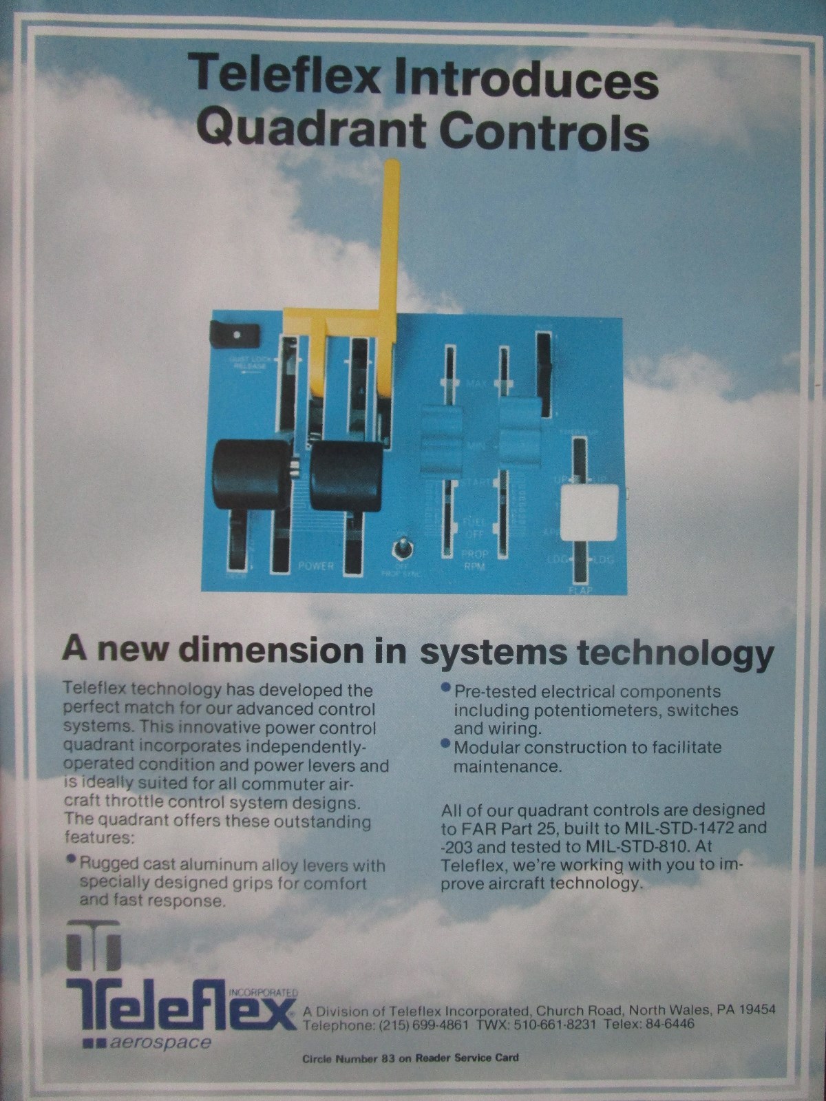 6/1982 PUB TELEFLEX AEROSPACE POWER CONTROL QUADRANTS CONTROLS ORIGINAL ...