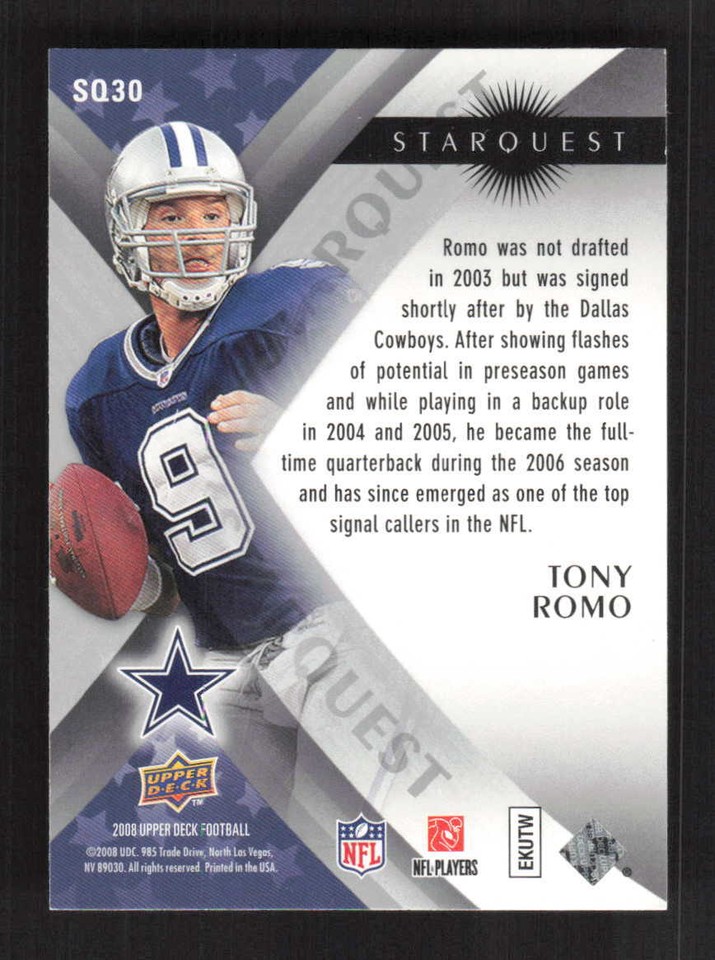Tony Romo 2008 Upper Deck StarQuest Silver Board Dallas Cowboys #SQ30 ...
