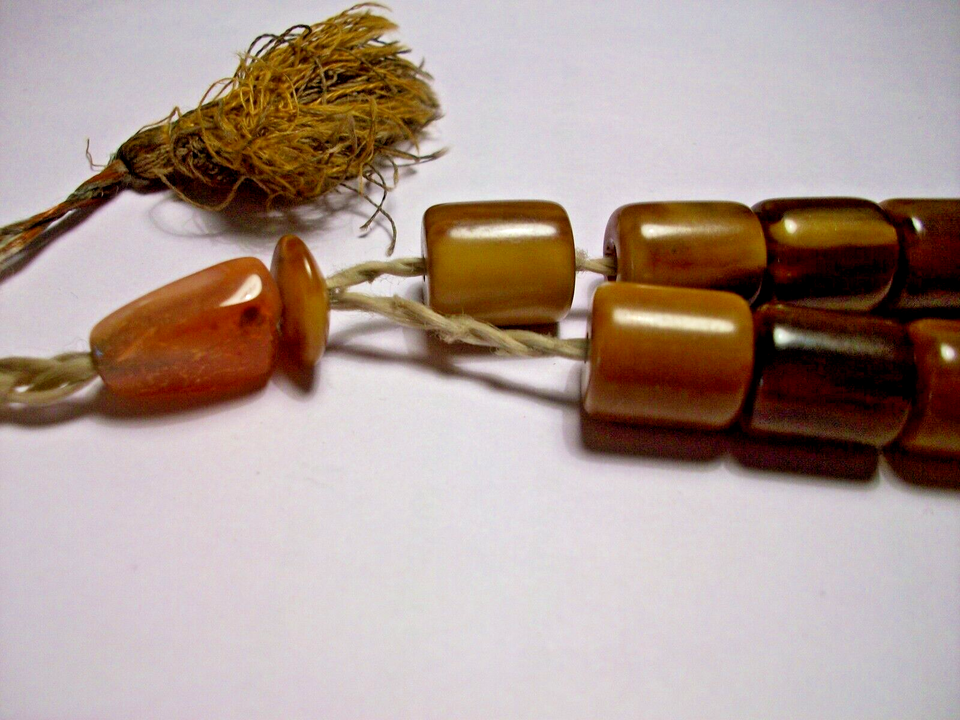 AMBER BAKELITE BROWN VEINED PRAYER BEADS 15+1 BARREL BEADS AGATHE IMAME ...