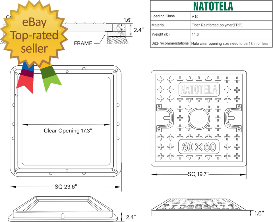 Solid Manhole Cover and Frame 24X24In Square Fiberglass Septic Tank ...