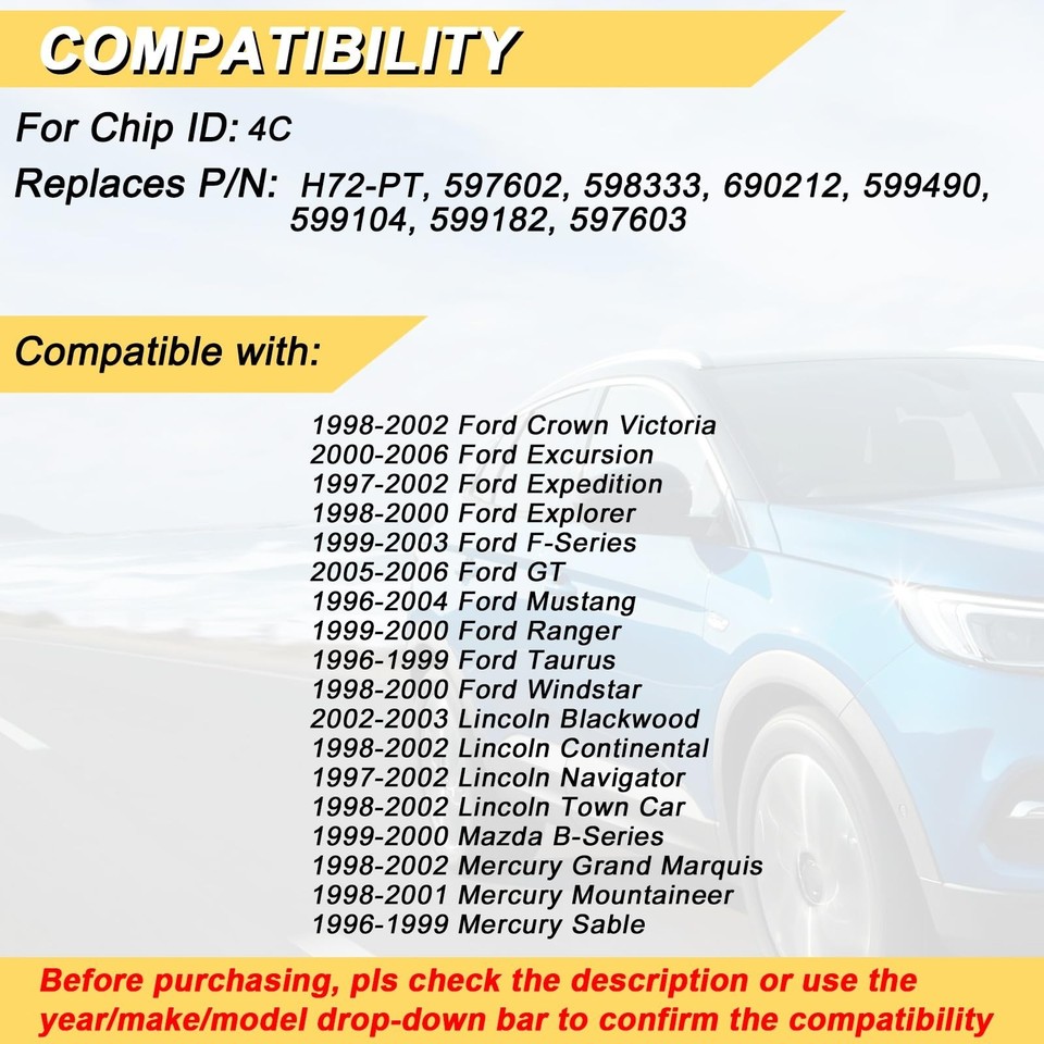 H72-PT 4C Chip Transponder Ignition Car Key Replacement for Ford ...