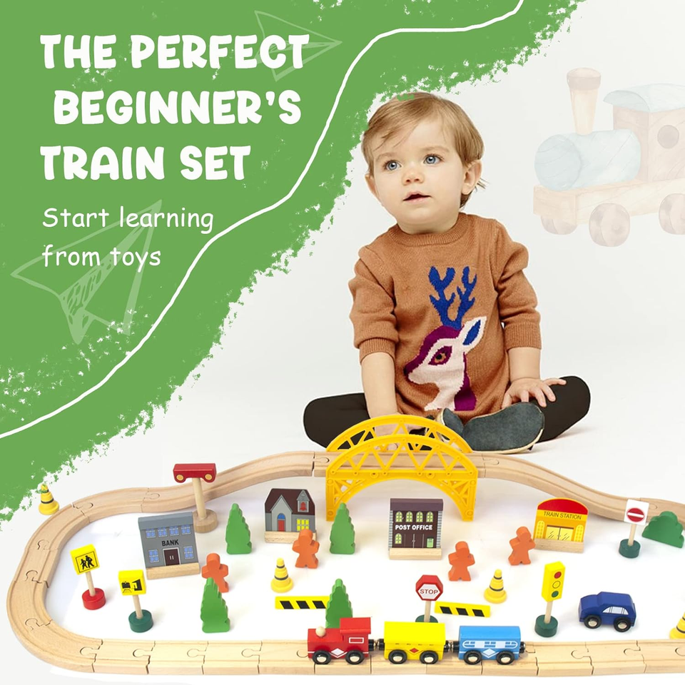 60Pcs Train Set for 3 Year Old Boys, Double-Side Wooden Train Set ...