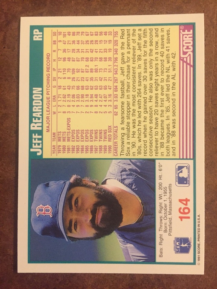 Jeff Reardon 164 Score 1991 MLB Baseball Trading Card | eBay