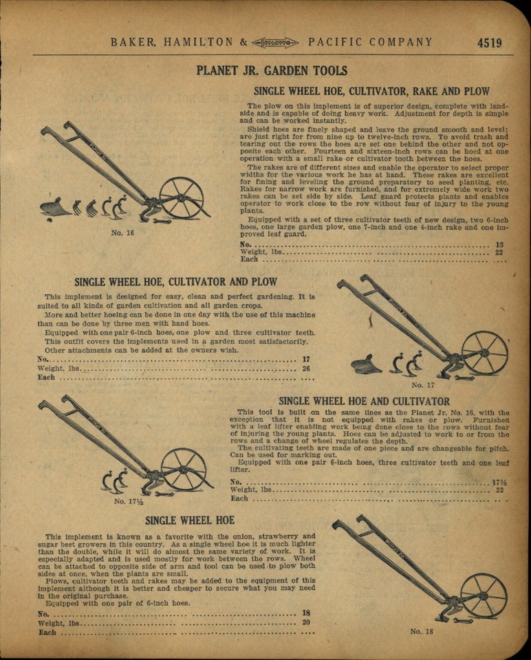 1920 PAPER AD Planet Jr. Garden Cultivator Plow Hoe Single Wheel Blade ...