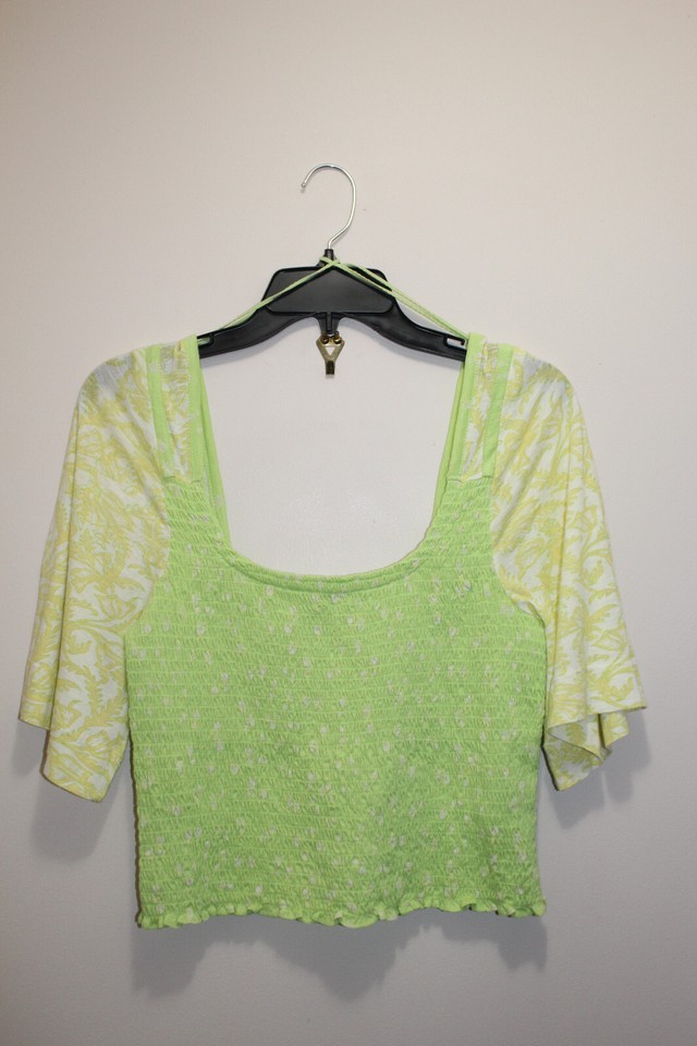 FREE PEOPLE MARIGOLD SMOCKED TOP OB1434162 SQUARE NECK KEY LIME COMBO ...