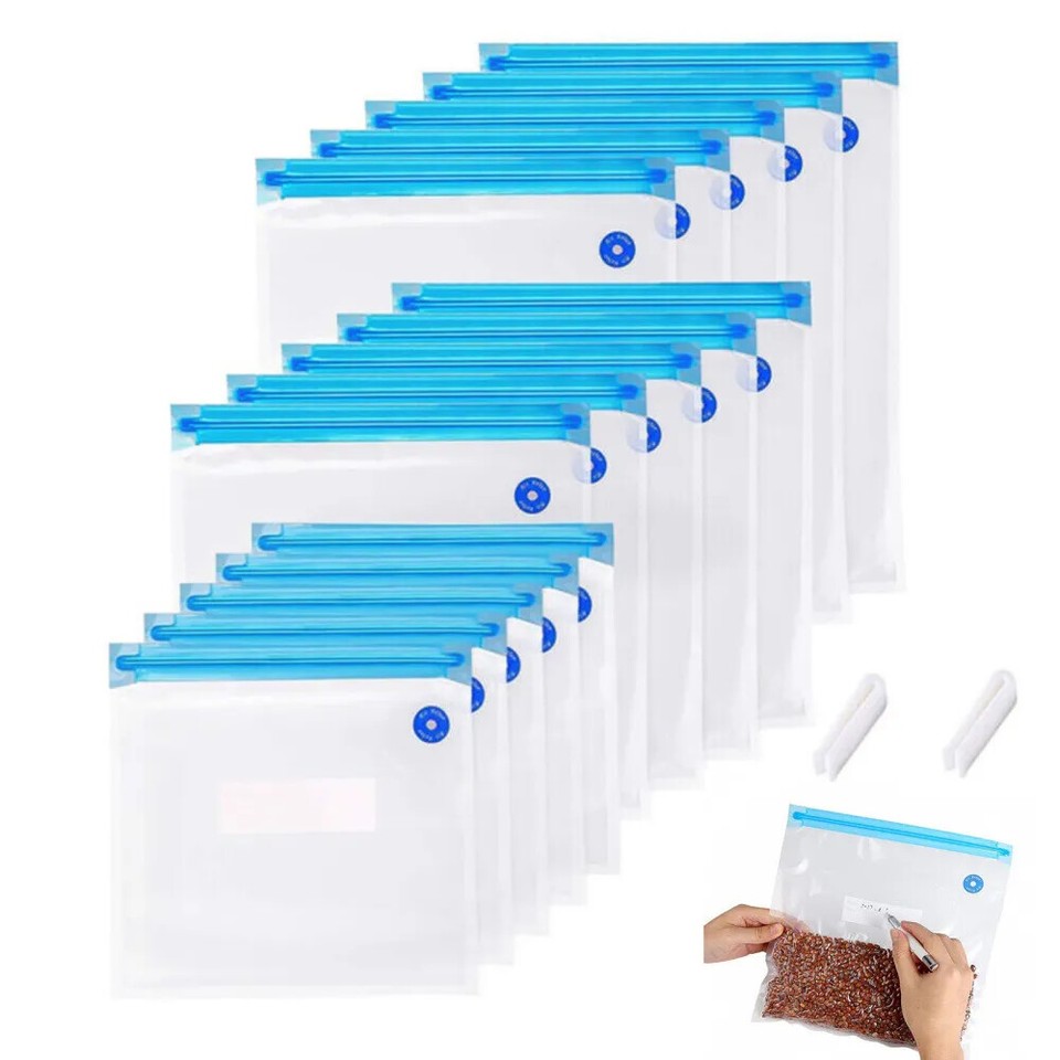 Vacuum Bags Reusable Seal Hand Pump Kitchen Food Saver 24PCS Storage ...