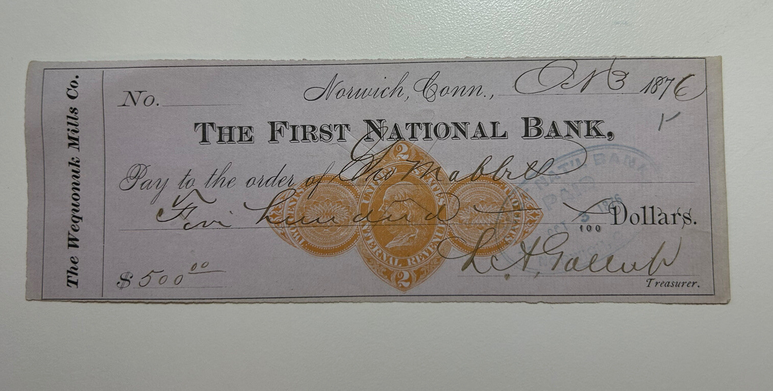 RN-D1 - First National Bank- Bank Check - Norwich CT - 1876 | eBay