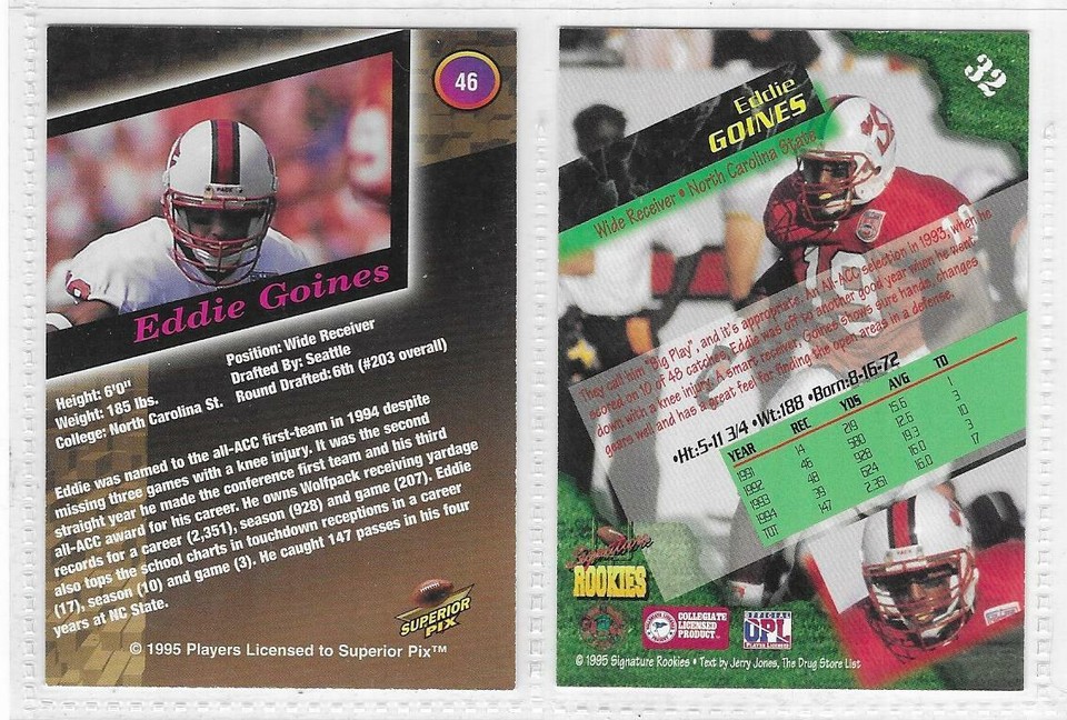 Eddie Goines 1995 SR & SUPERIOR PIX AUTOGRAPH CARD Wolfpack Seahawks RC ...