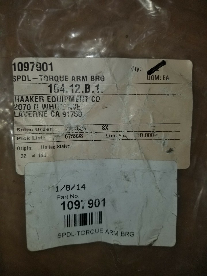 HAAKER EQUIPMENT GENUINE PARTS SPDL-TORQUE ARM BRG PART # 1097901 | eBay
