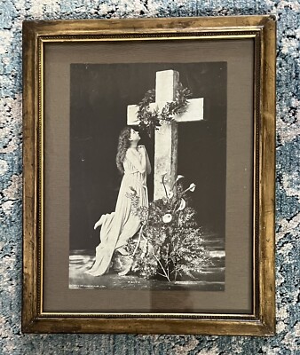 Antique Black & White Print,Rock Of Ages Style 1904 Girl With Cross ...