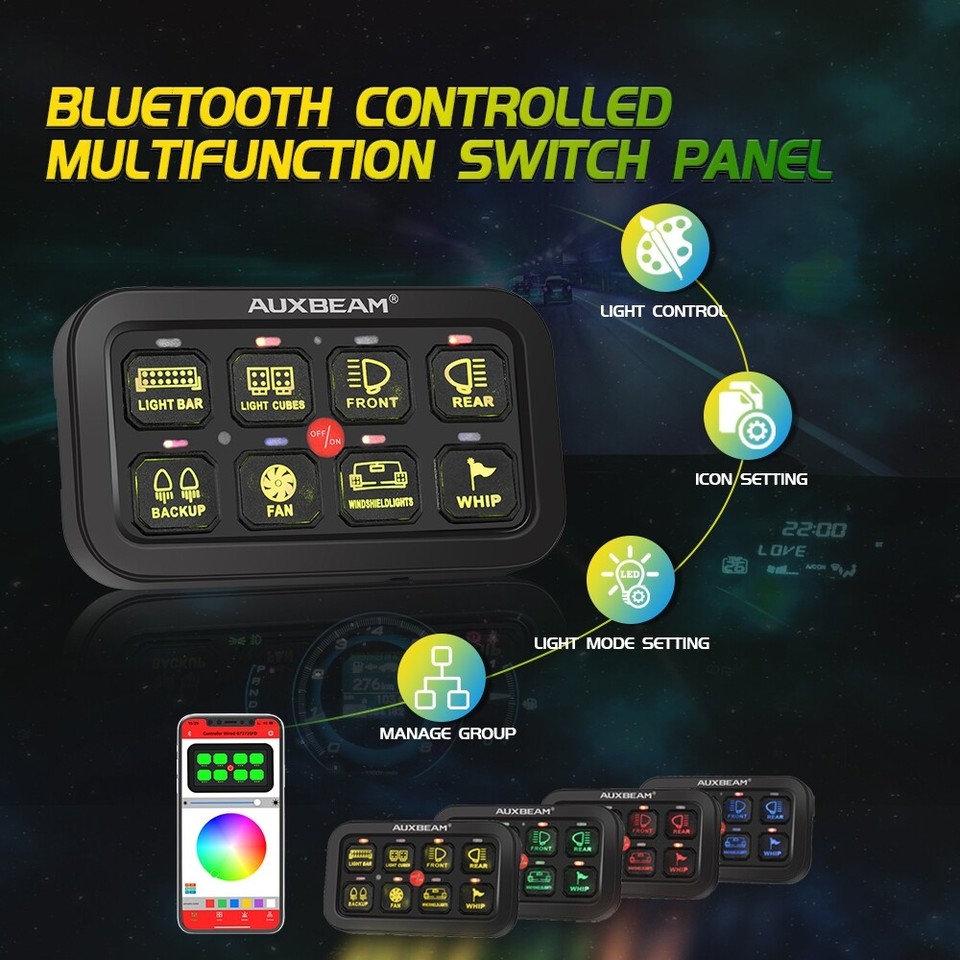 Auxbeam RGB 8 Gang Auxiliary Switch Panel for Offroad Lights Universal ...