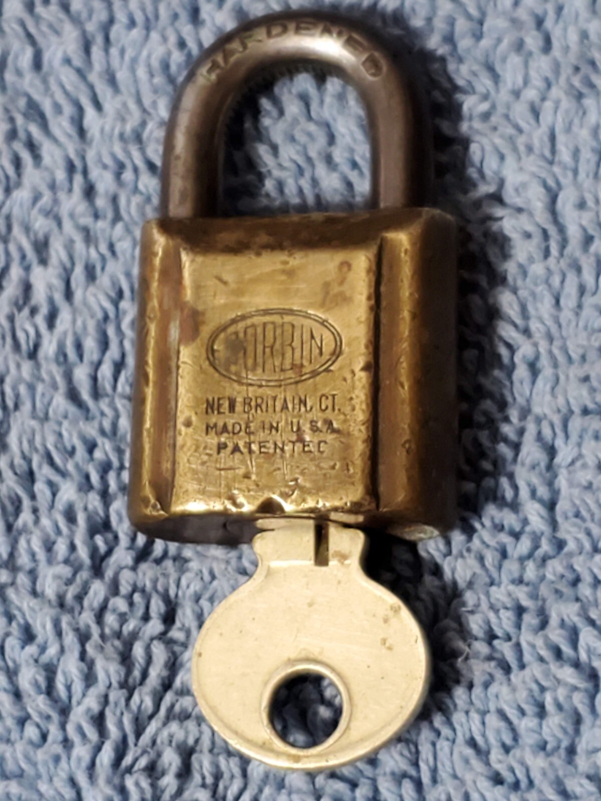 Antique Corbin brass padlock scarce small scalloped body w key vintage ...
