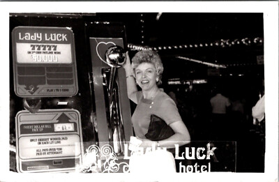 LAS VEGAS NEVADA LADY LUCK HOTEL CASINO LADY SLOT MACHINE REAL PHOTO ...