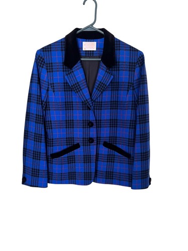 Vintage Pendleton Womens Blue Plaid Blazer Sz 6 Virgin Wool Velvet USA | eBay