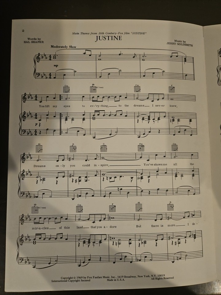Justine ~ Anouk Aimee Film ~ 1969 Sheet Music Jerry Goldsmith Hal ...