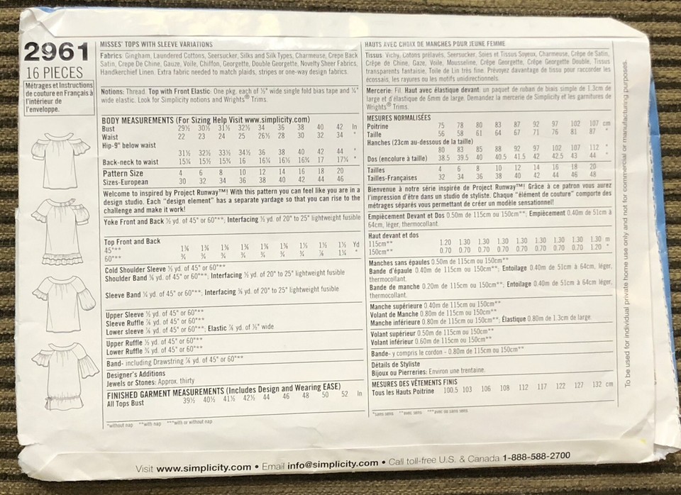 Simplicity Pattern 2961 Misses Top Cold-Shoulder Ruffle-Sleeve 4 6 8 10 ...