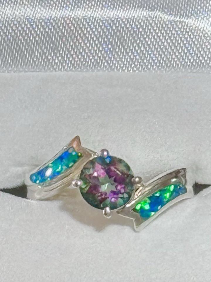 Vintage Blue Opal And Rainbow Mystic Topaz 925 Sterling Silver Ring | eBay