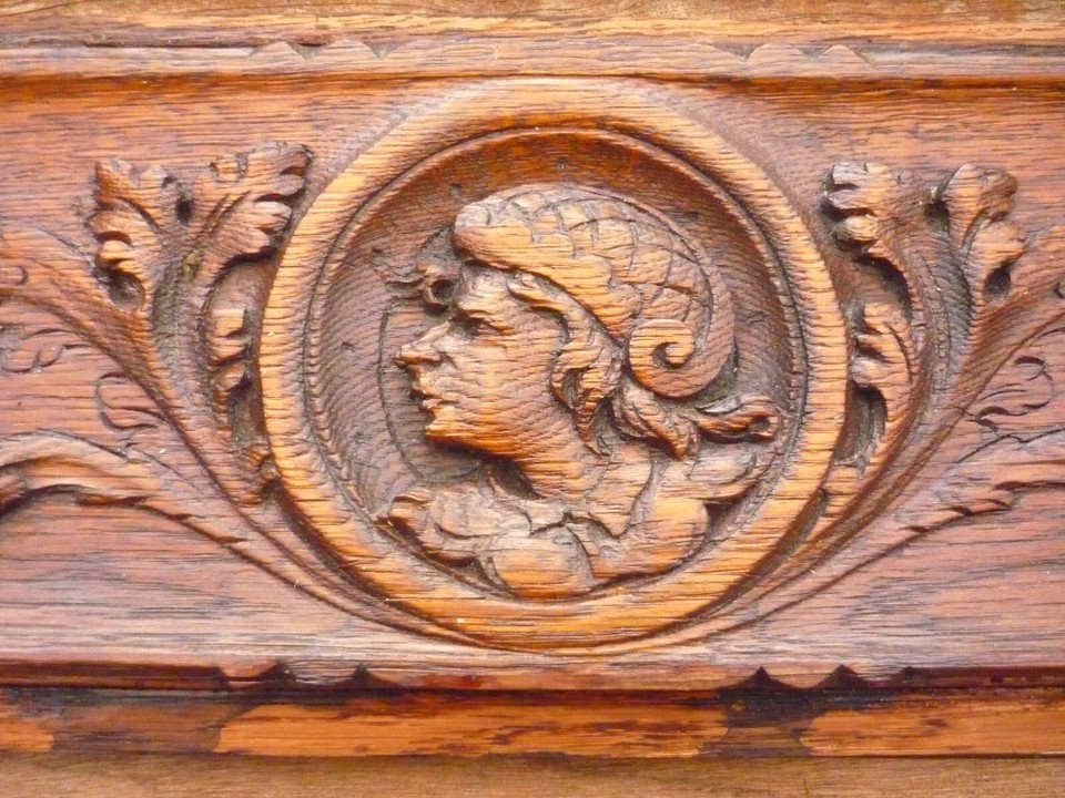 pair Antique Hand Carved Wood Figural Pediments Architectural Salvage ...