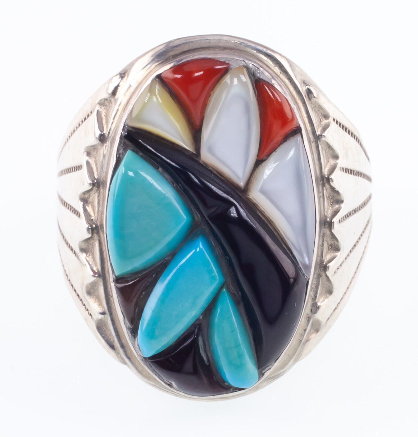 Richard and Geneva Terraza Sterling Silver Lapidary Inlay Ring Size 10. ...