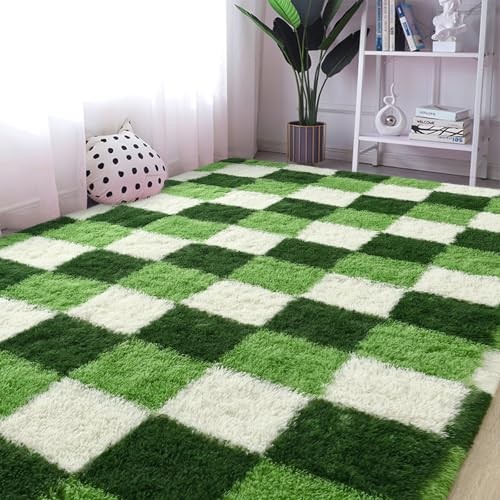 Shag Area Rug, 4x6 ft Deep Green White Fluffy Rugs for Bedroom Living ...