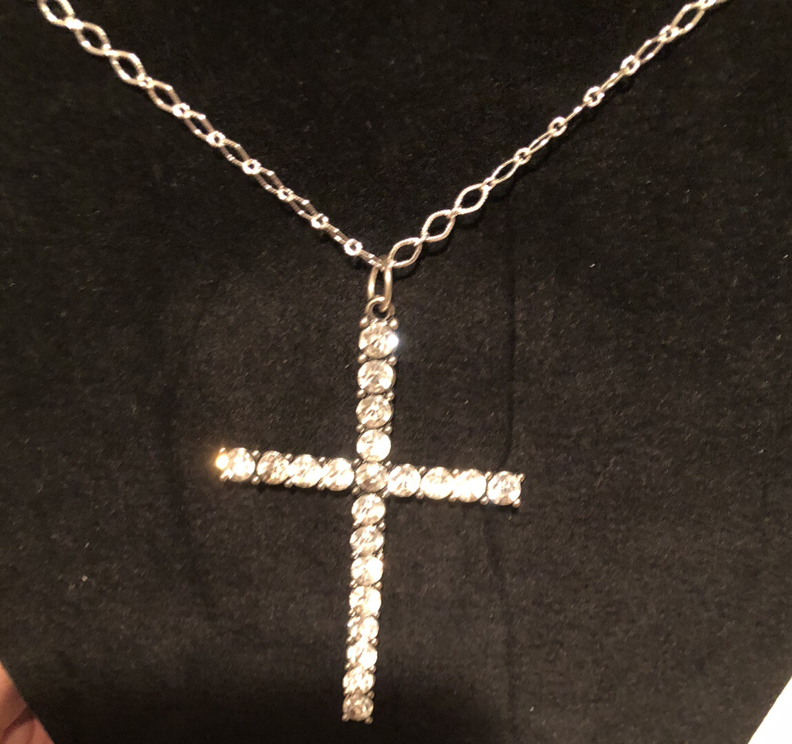 Clear Rhinestone 3 inch Cross with Silvertone Necklace - Gem