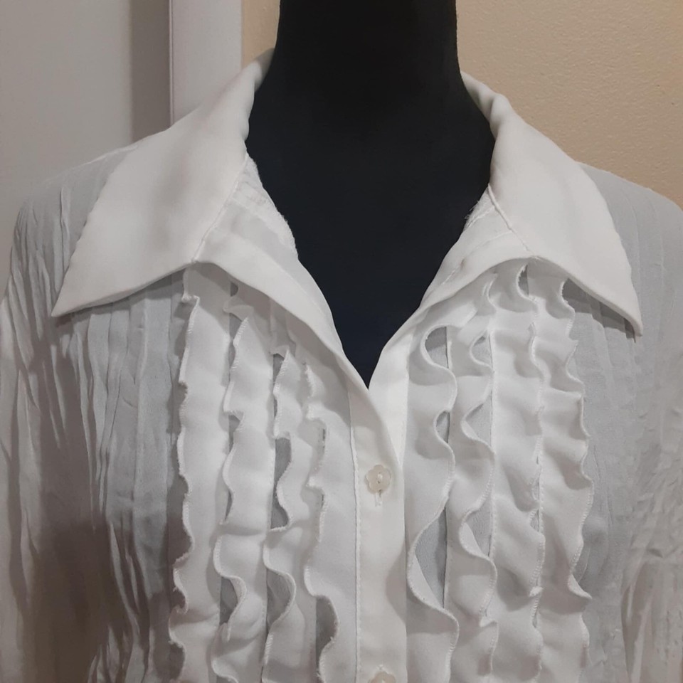 TANJAY Women's white button-down blouse Size 14 elegant ruffle lace ...