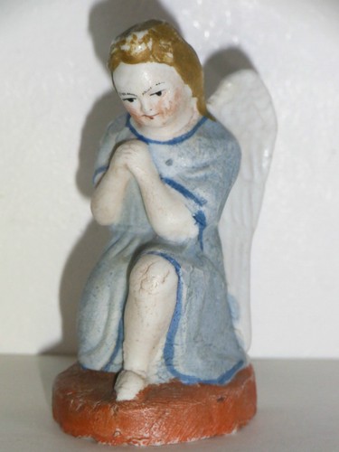 09B70 Antique Statue Angel Polychrome Biscuit Crib Art Religion 18th ...
