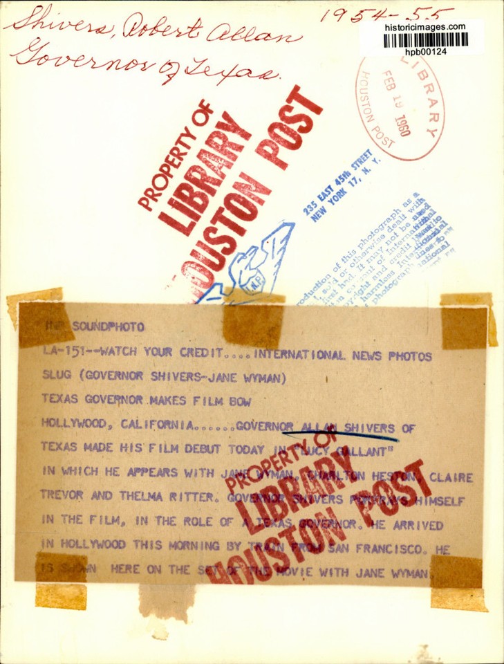 1960 Press Photo Texas Governor Robert Shivers and Jane Wyman on movie ...