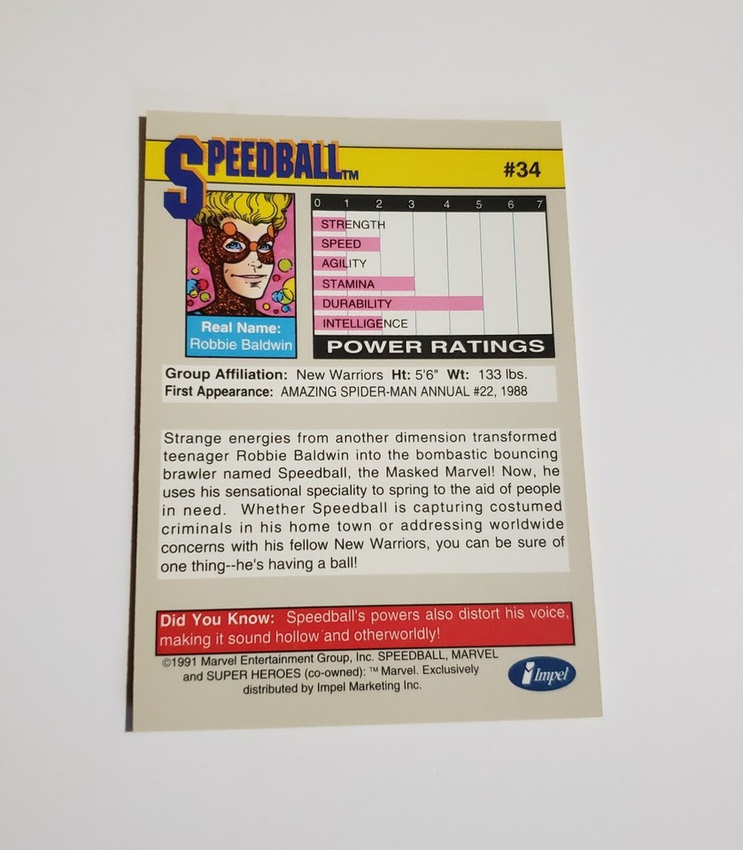 1991 SPEEDBALL (Marvel Comics) SUPER HERO Series II Trading Card #34 ...