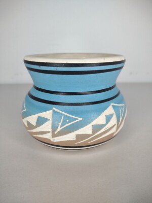 Vintage Hand Painted Navajo Indian Pottery - Signed /Blue black brown ...