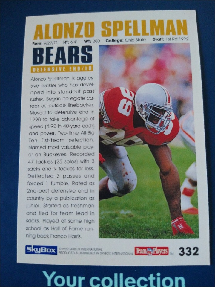 1992 Skybox Impact Football Alonzo Spellman #332 Chicago Bears Rookie ...