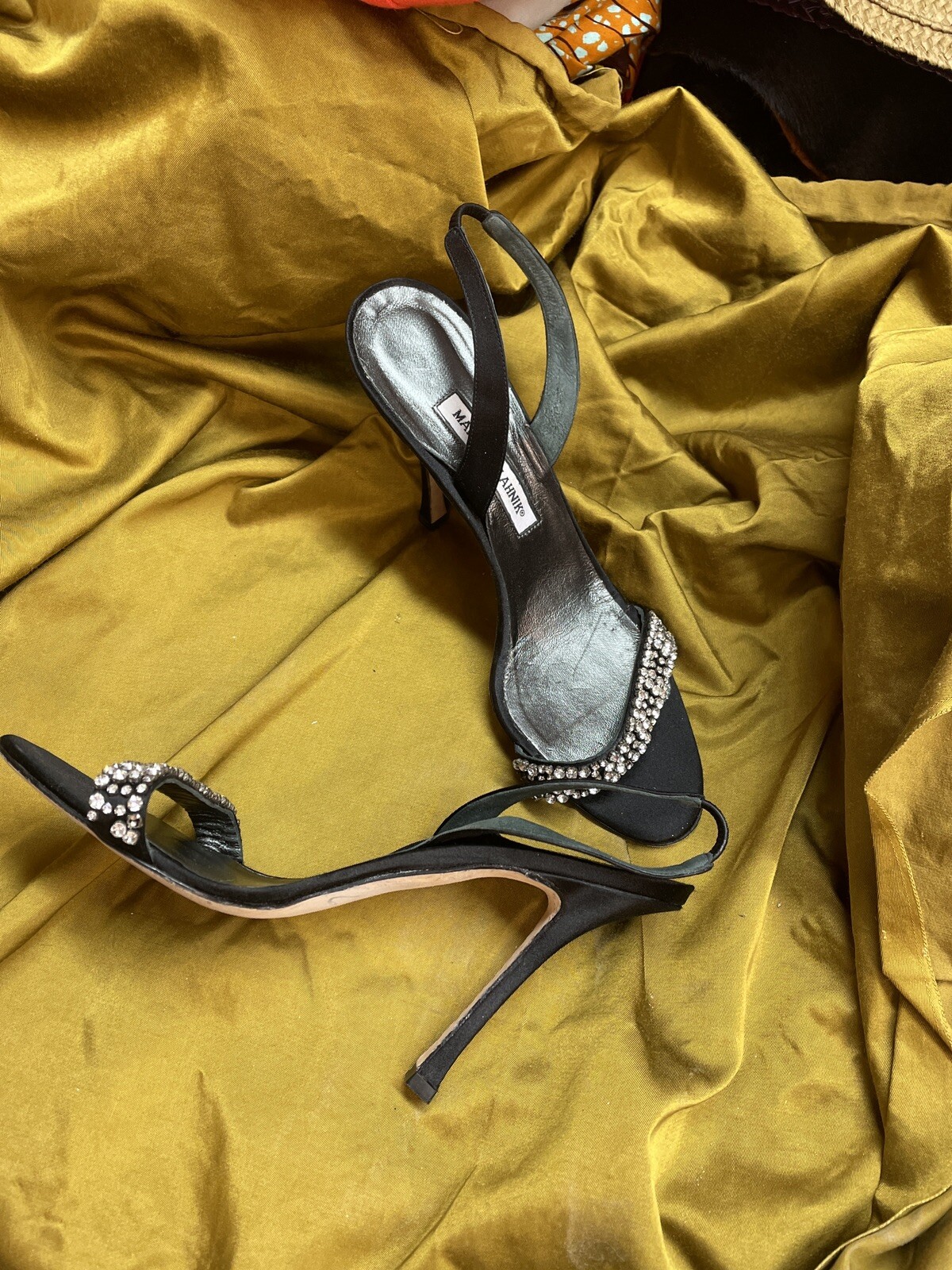 Manolo Blahnik sling back black satin rhinestone 40 | eBay