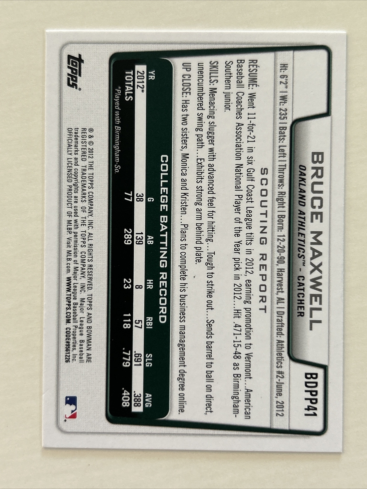 Bruce Maxwell Autographed 2012 Bowman #BDPP41 In Person N397 | eBay