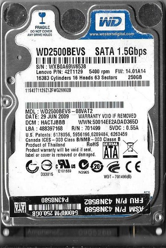 Western Digital WD2500BEVS-08VAT2 250GB Sata Hard Drive DCM: HACTJBBB ...