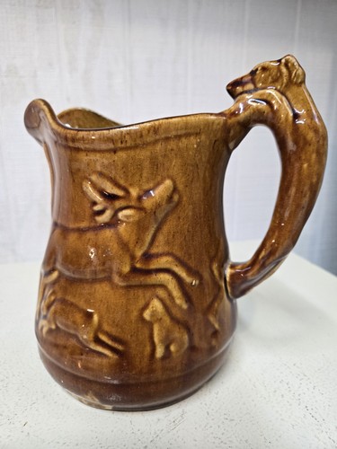Antique Rockingham Glazed Yellowware Dog Handled Pitcher | eBay