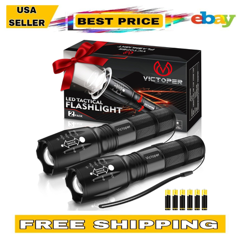Victoper 2000 Lumens LED Flashlights 2-Pack 5 Modes Waterproof Zoomable ...